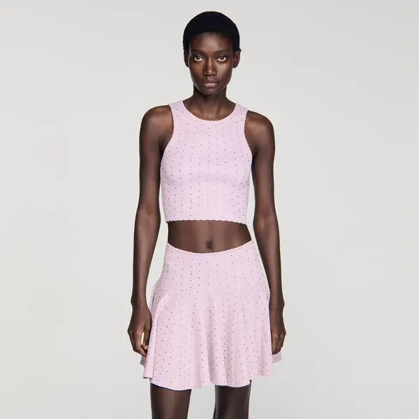 Sandro Rhinestone Knit Crop Top - Mauve