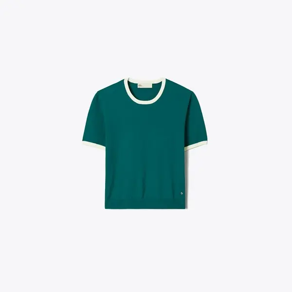 Tory Burch Contrast-trim Short-sleeve Sweater - Emerald