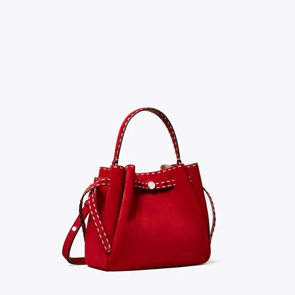 Tory Burch Romy Suede Pick Stitch Bucket Bag - Toucan Red