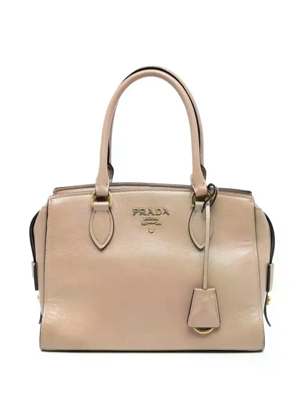 Prada Small City Calf Trimmed Saffiano Top Handle Satchel - Brown