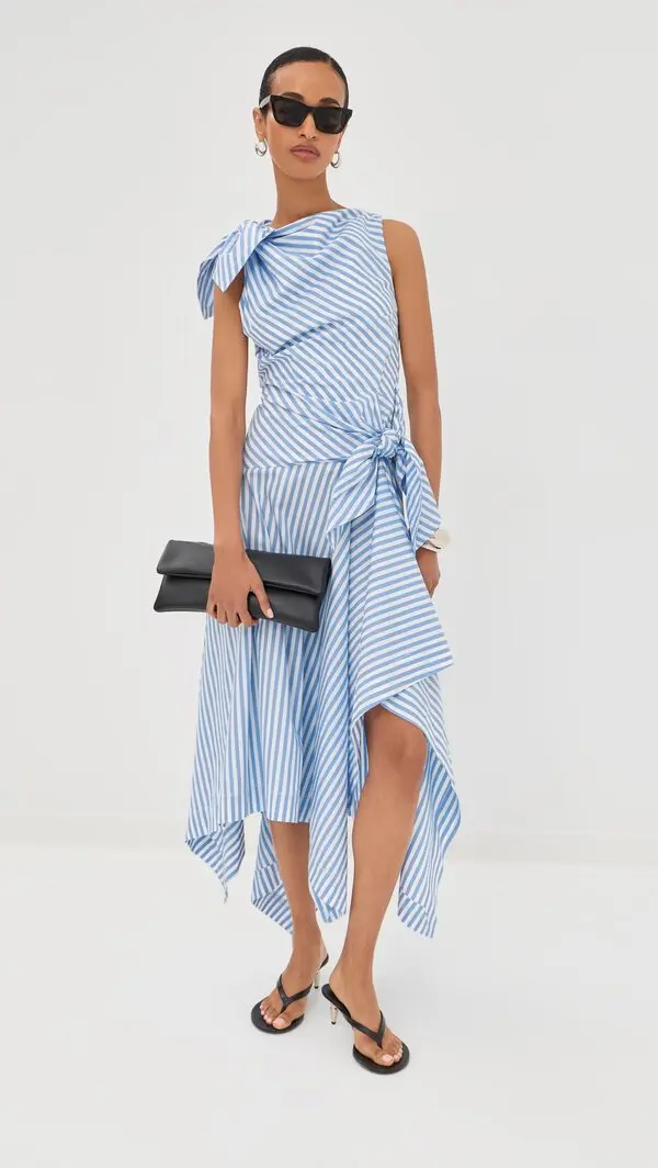 Monse Bow Drape Shirting Cascade Dress - Sky Blue