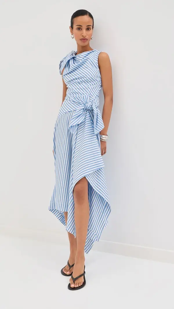 Monse Bow Drape Shirting Cascade Dress - Sky Blue