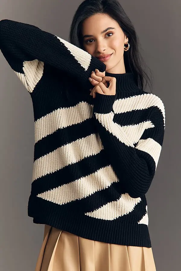 Anthropologie Maeve Diagonal Stripe Long-sleeve Pullover - Black & White Pattern