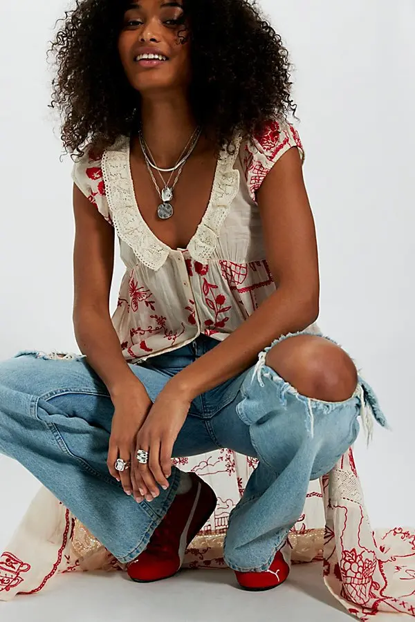 Free People Embroidered Maxi Top - Tea Combo