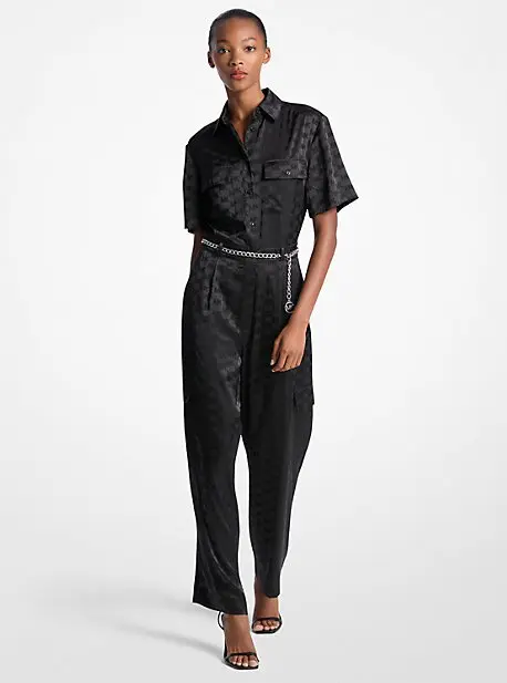 Michael Kors Logo Jacquard Satin Belted Jumpsuit - Black