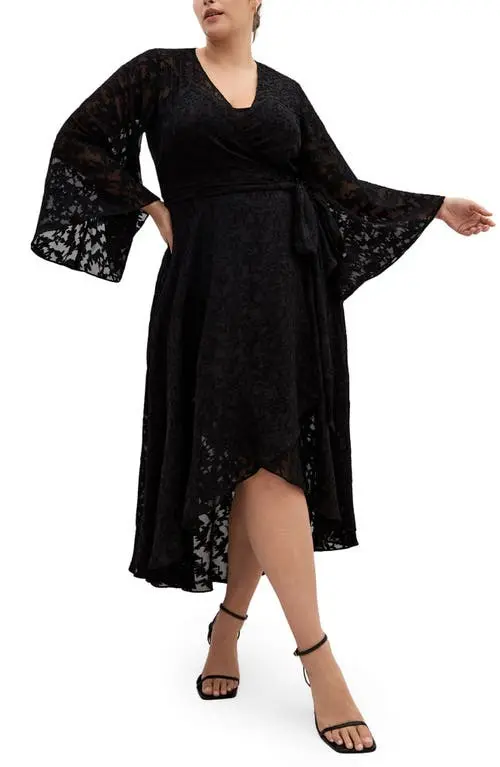 City Chic Fleetwood Long Sleeve Jacquard Wrap Dress - Black