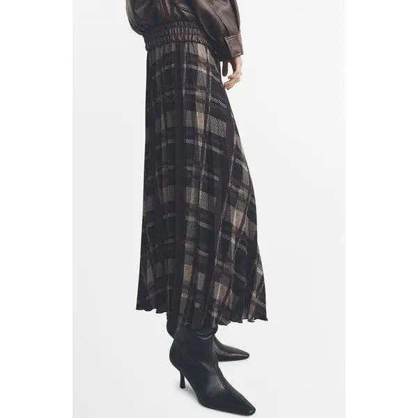 Mango Pleated Checkered Midi Skirt