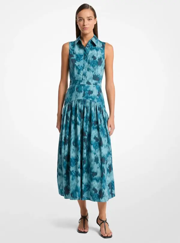 Michael Kors Floral Chiné Cotton Poplin Drop Waist Shirtdress - Blue