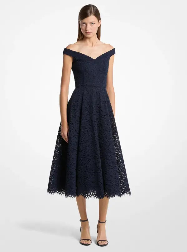 Michael Kors Corded Floral Lace Portrait-neck Dress - Blue