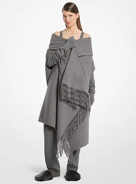 Michael Kors Double Faced Wool Fringed Clutch Coat