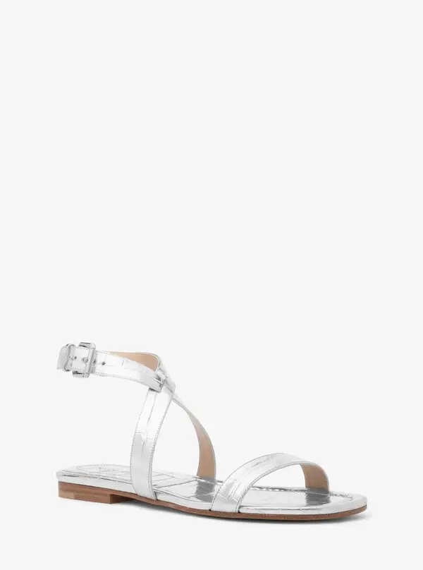 Michael Kors Bridgette Metallic Crocodile Embossed Leather Sandals - Silver