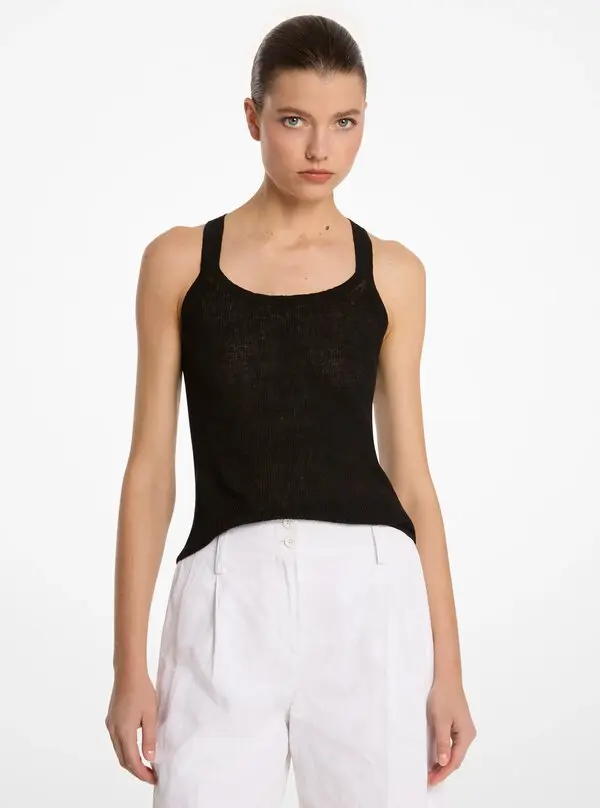 Michael Kors Ribbed Linen And Cotton Tank Top - Black