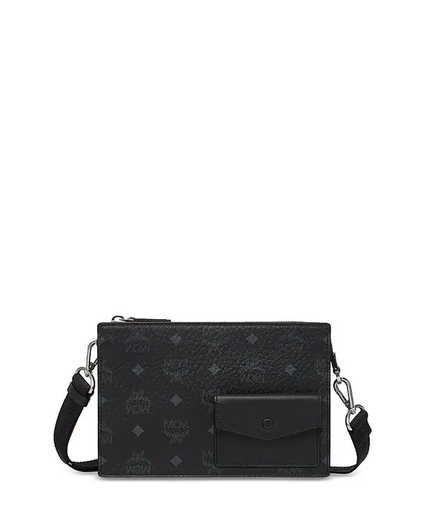 Mcm Aren Vi Standing Crossbody Pouch In Visetos - Black
