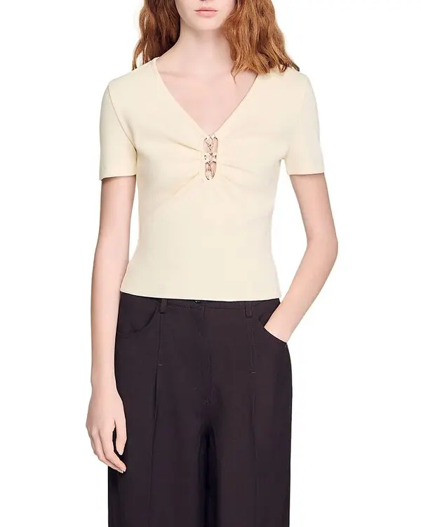 Sandro Embellished Cropped Tee - Ecru