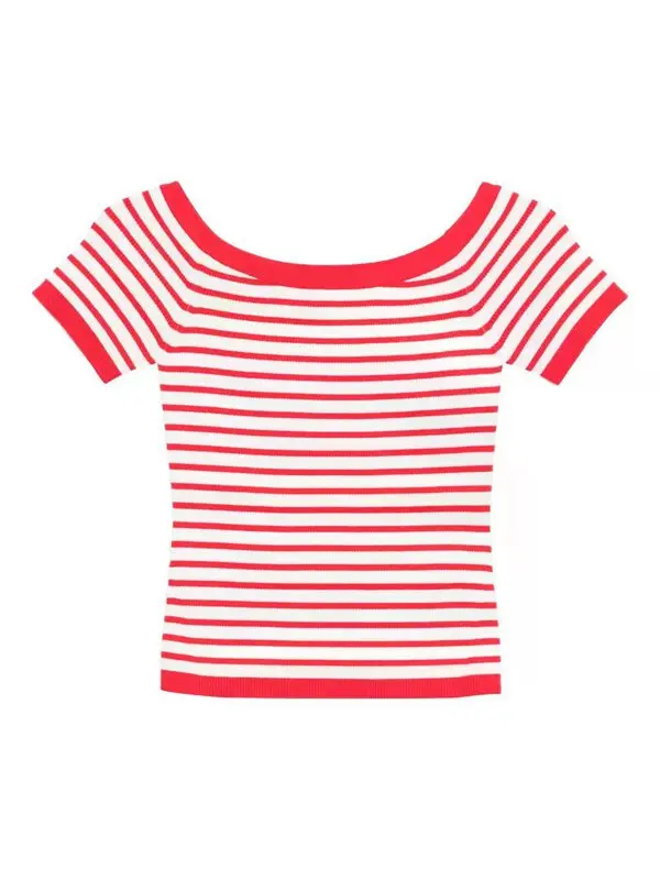 Maje Striped Knit Top With Boat Neck And Ribbed Trim - Red