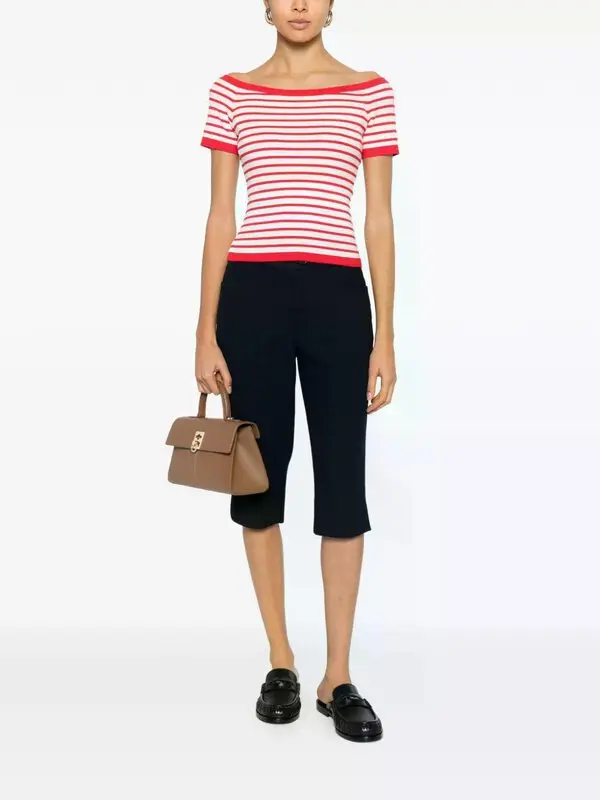 Maje Striped Knit Top With Boat Neck And Ribbed Trim - Red