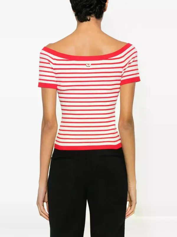 Maje Striped Knit Top With Boat Neck And Ribbed Trim - Red