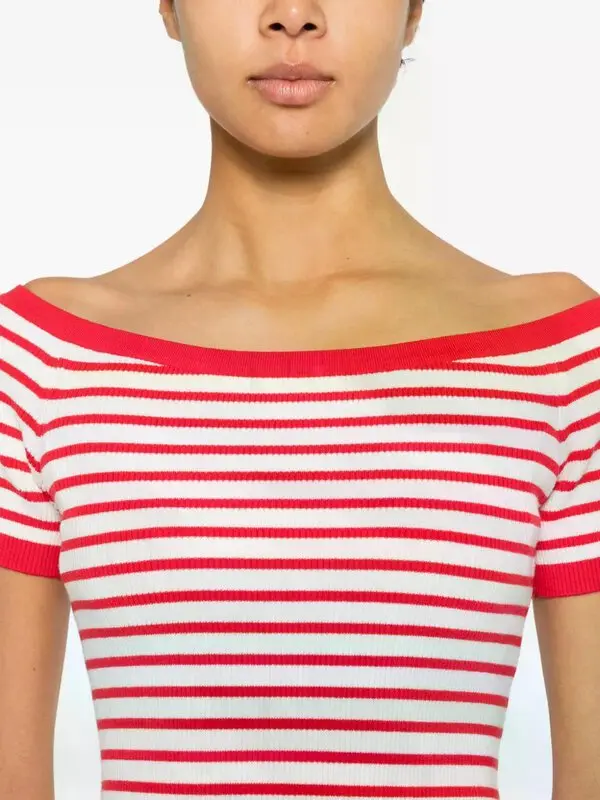 Maje Striped Knit Top With Boat Neck And Ribbed Trim - Red