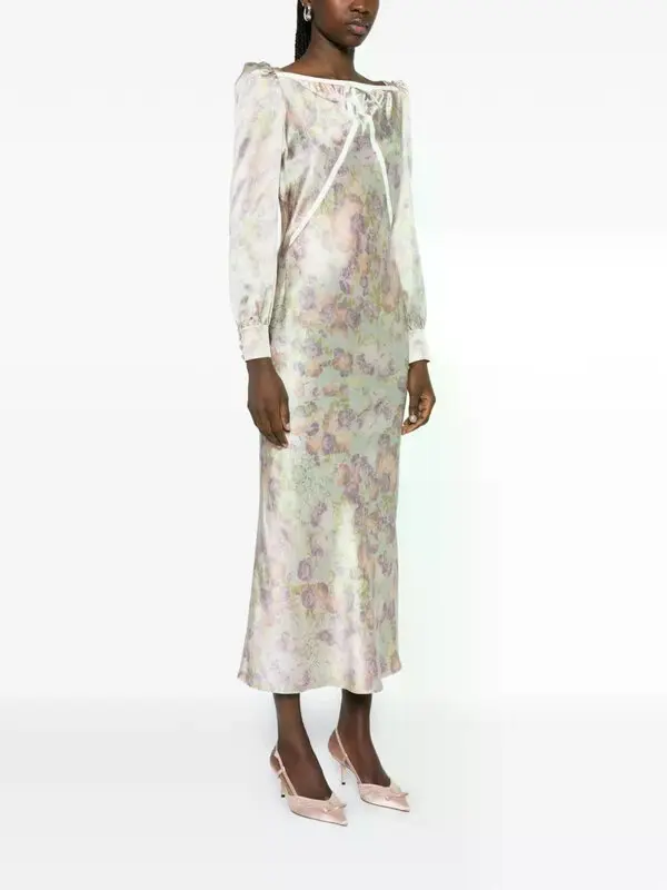 Alessandra Rich Floral Silk Midi Dress With Bow