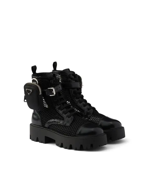 Prada Mesh And Brushed Leather Booties With Pouch