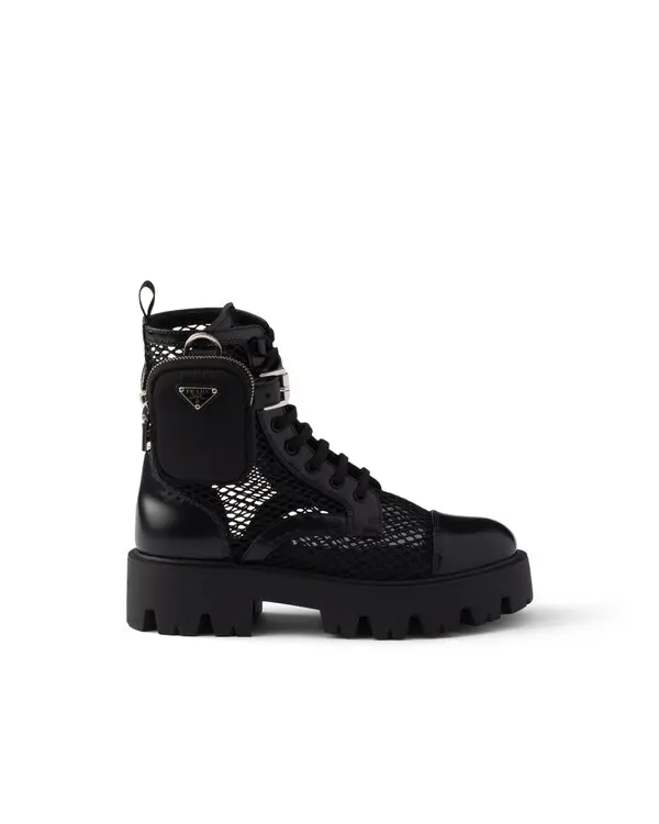 Prada Mesh And Brushed Leather Booties With Pouch