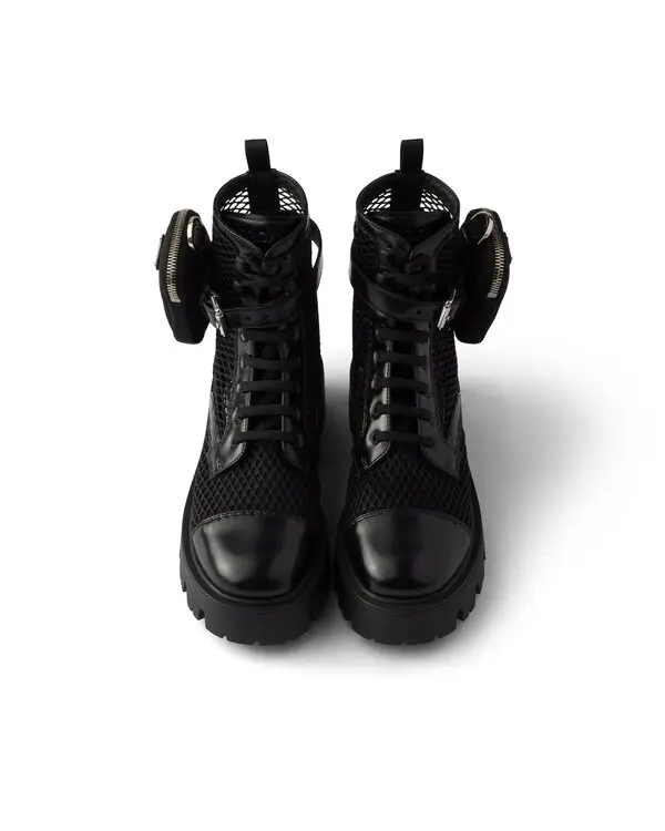 Prada Mesh And Brushed Leather Booties With Pouch