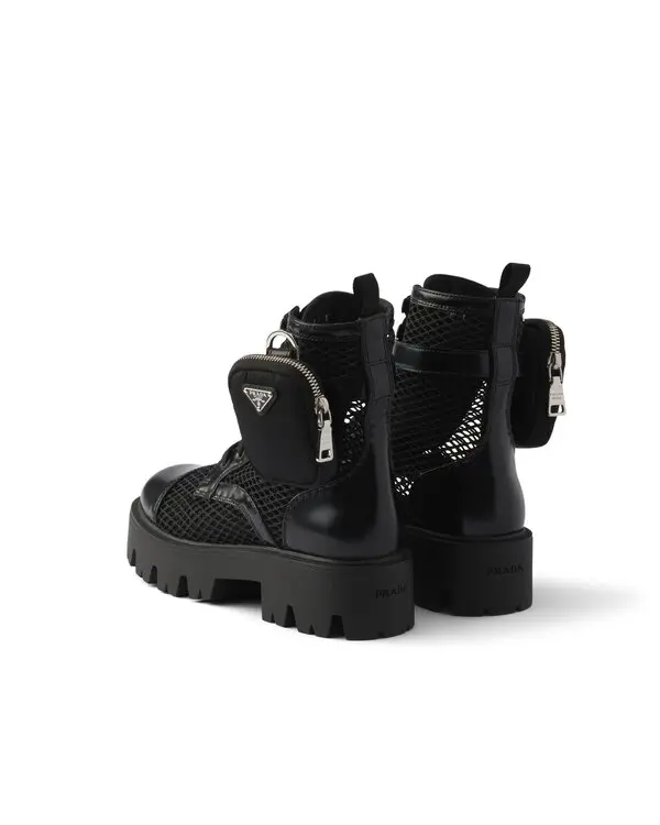 Prada Mesh And Brushed Leather Booties With Pouch