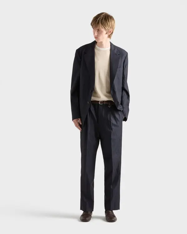 Prada Cotton And Silk Classic Fit Trousers - Navy