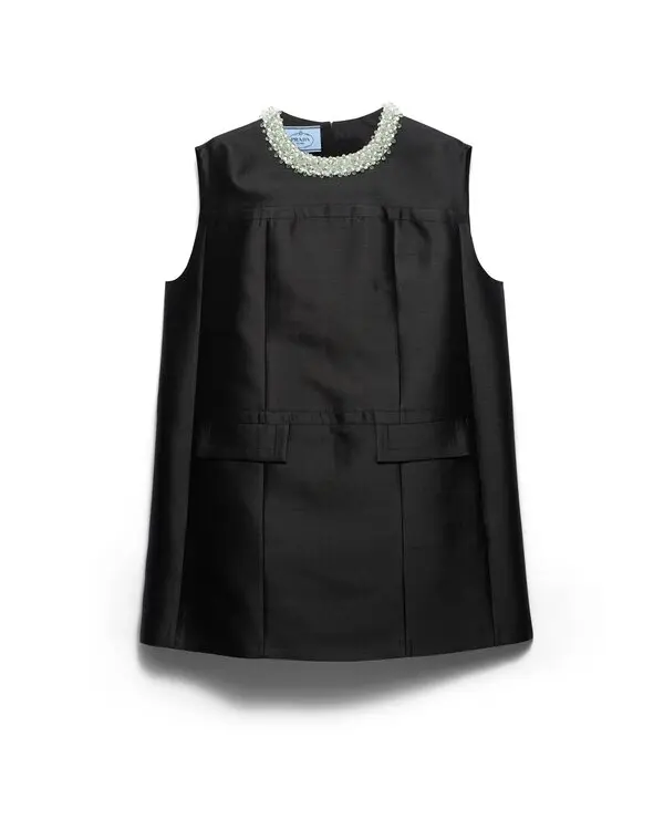 Prada Embroidered Double Shantung Dress - Black