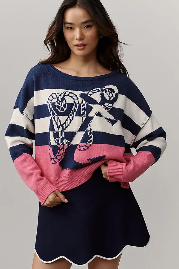 Maeve Nautical Icon Pullover Sweater - Blue Pattern