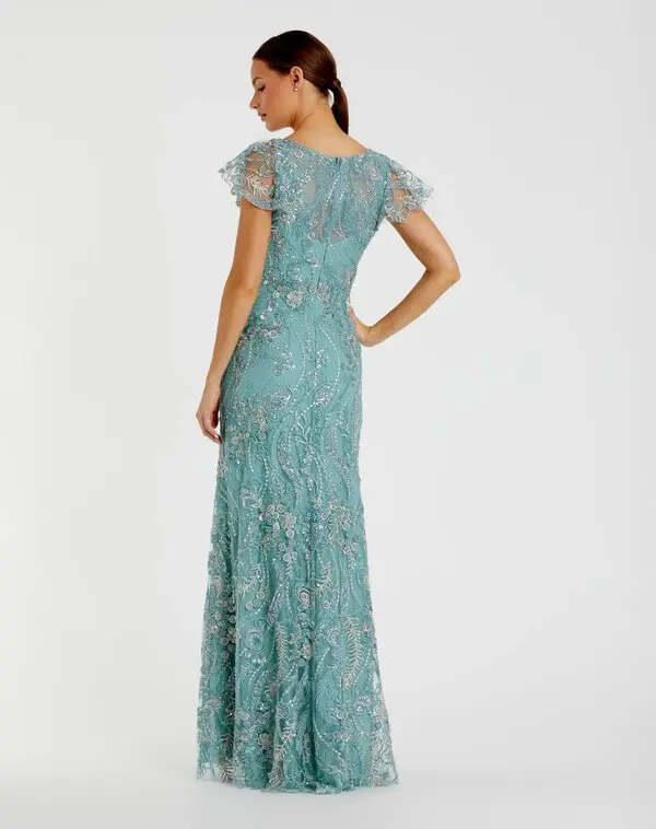 Mac Duggal V-neck Embroidered Lace Gown - Blue