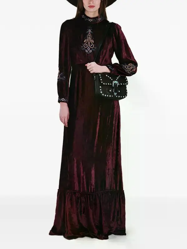 Fortela Velvet Embroidered Maxi Dress - Red