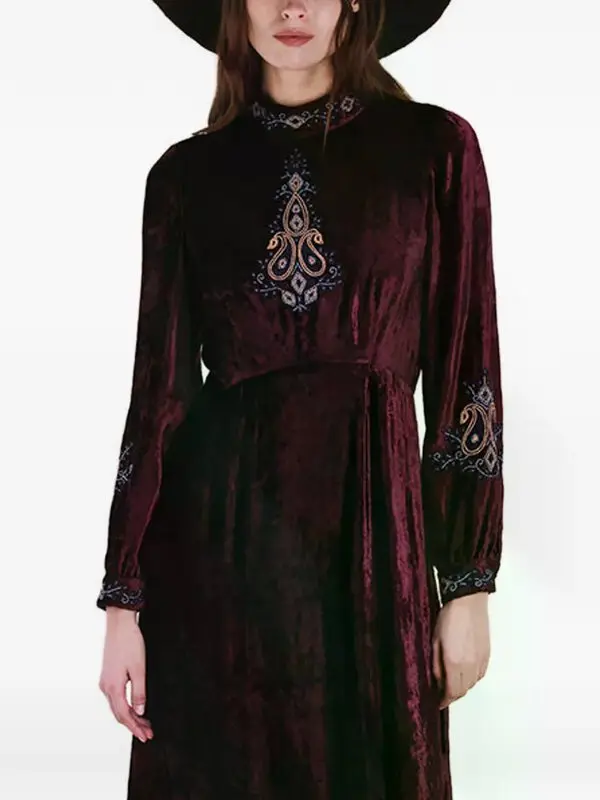 Fortela Velvet Embroidered Maxi Dress - Red