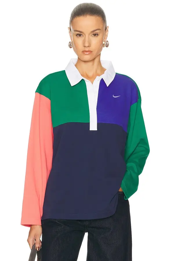Nike Essential Long Sleeve Polo Top - Malachite, Midnight Navy, Sea Coral, & White