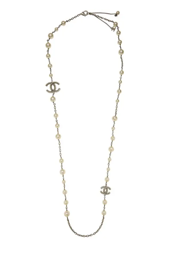 Chanel Faux Pearl & Crystal 'cc' Necklace - Silver