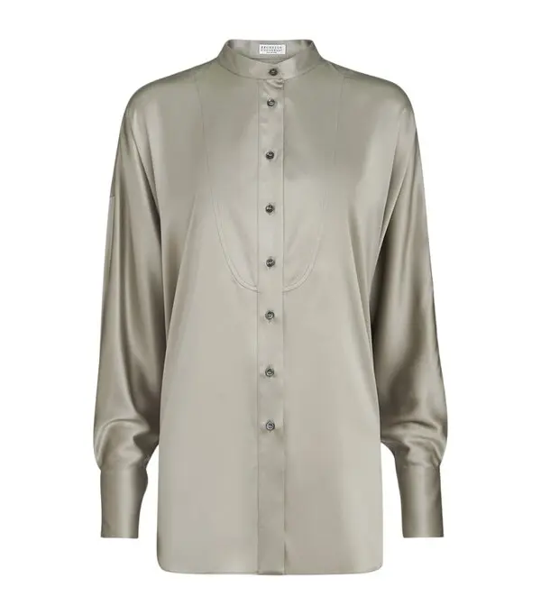Brunello Cucinelli Stretch-silk Mandarin-collar Shirt - Green