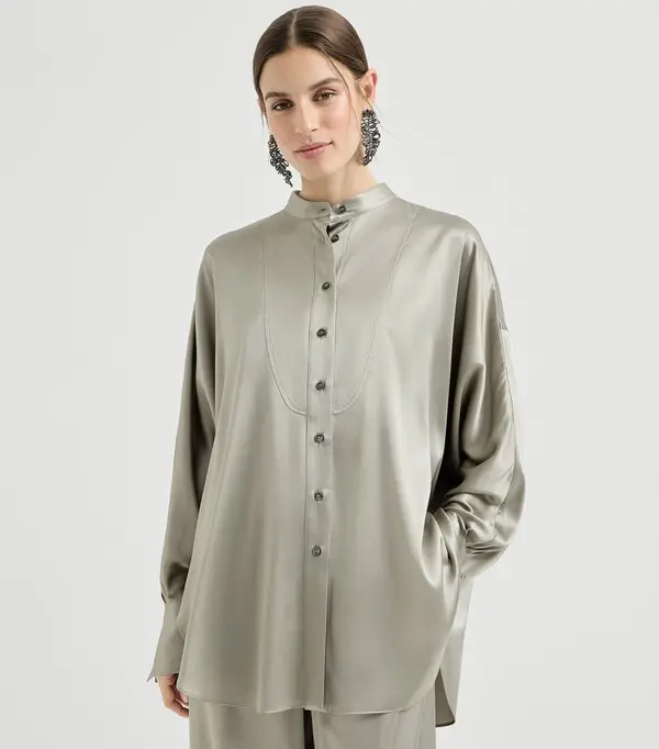 Brunello Cucinelli Stretch-silk Mandarin-collar Shirt - Green