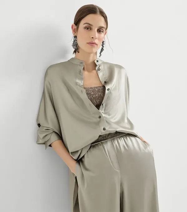 Brunello Cucinelli Stretch-silk Mandarin-collar Shirt - Green