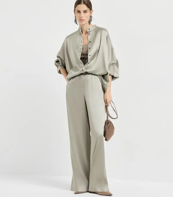 Brunello Cucinelli Stretch-silk Mandarin-collar Shirt - Green