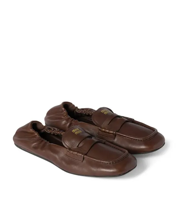Miu Miu Nappa Leather Ruched Loafers - Brown