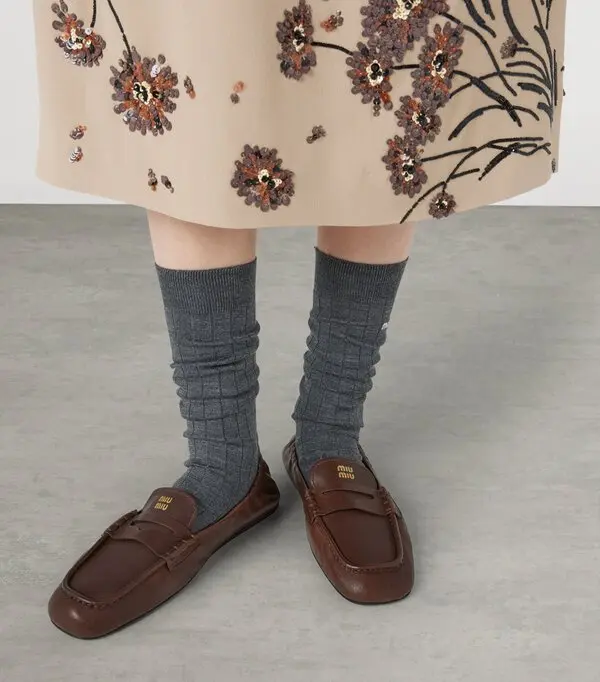 Miu Miu Nappa Leather Ruched Loafers - Brown