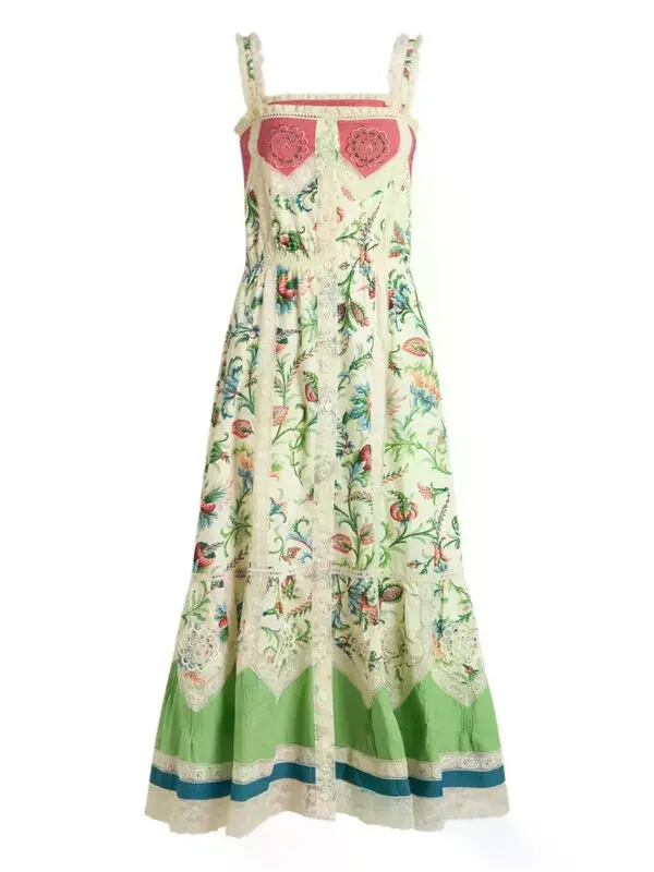 Etro Cotton Midi Dress With Floral Motif And Lace Inserts