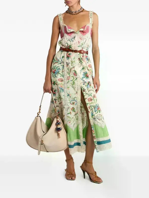 Etro Cotton Midi Dress With Floral Motif And Lace Inserts