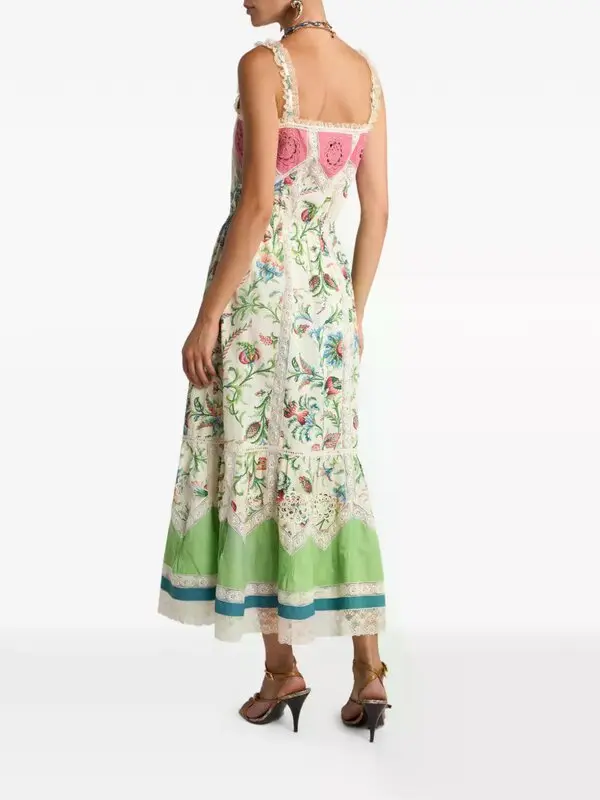 Etro Cotton Midi Dress With Floral Motif And Lace Inserts