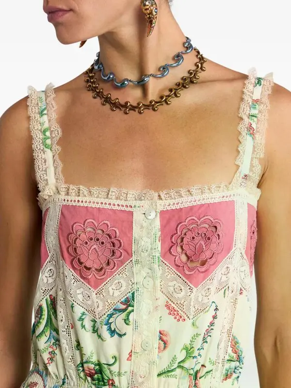 Etro Cotton Midi Dress With Floral Motif And Lace Inserts