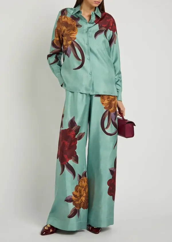 La DoubleJ Printed Silk-twill Palazzo Trousers - Blue