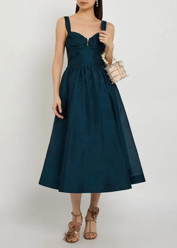 Zimmermann Rebellion Pleated Linen And Silk-blend Midi Dress - Teal