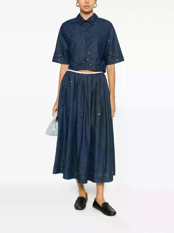 Maje Embellished Denim Midi Skirt - Blue