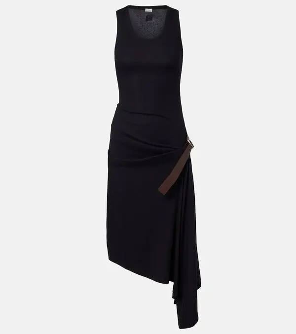 Loewe Belted Ribbed-knit Draped Midi Dress - Black