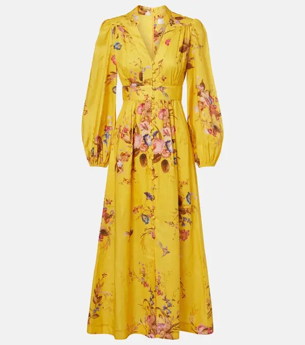 Zimmermann Floral Linen Midi Dress - Yellow
